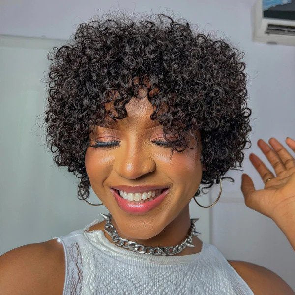 PERRUQUE BOUCLÉE REBONDISSANTE SANS COLLE AVEC FRANGE – veluxehair