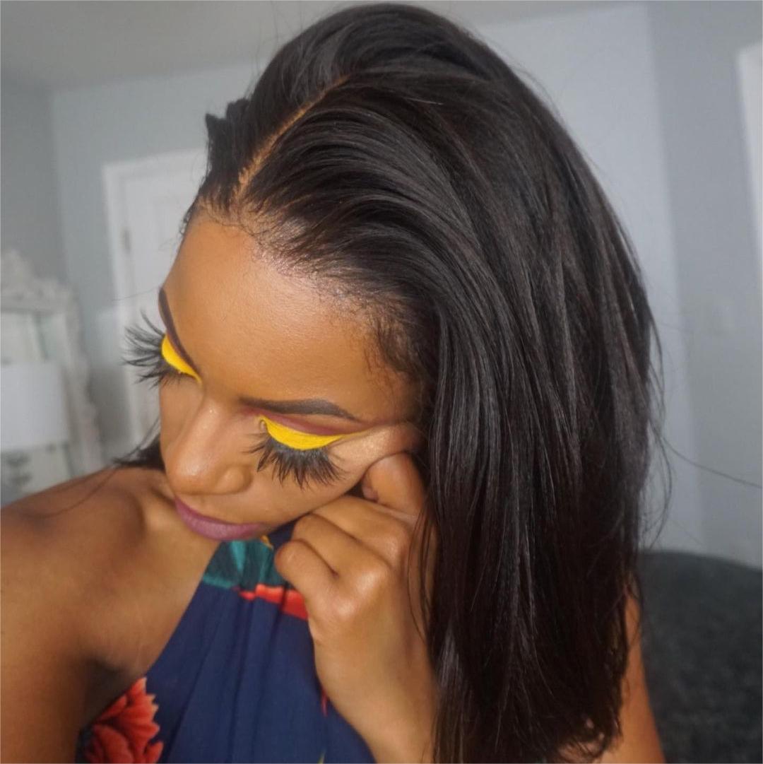 Perruque courte en cheveux lisses Yaki avec frontal en dentelle 13x4 ...